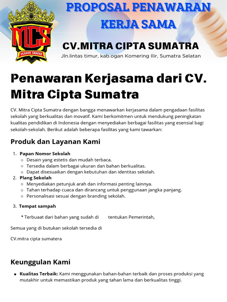 Penawaran Kerjasama Dari CV. Mitra Cipta Sumatra - 20250206 - 030215 - 0000 | PDF