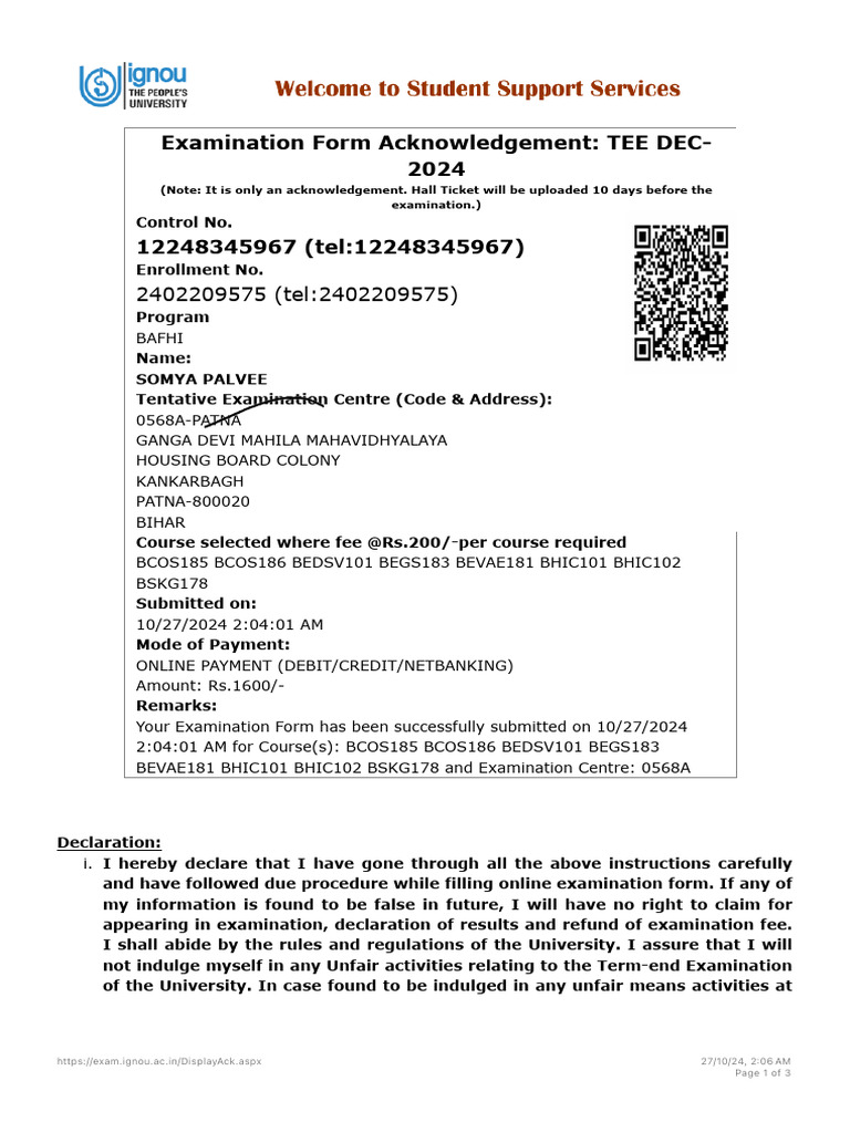 IGNOU - Examination Form Acknowledgement | PDF