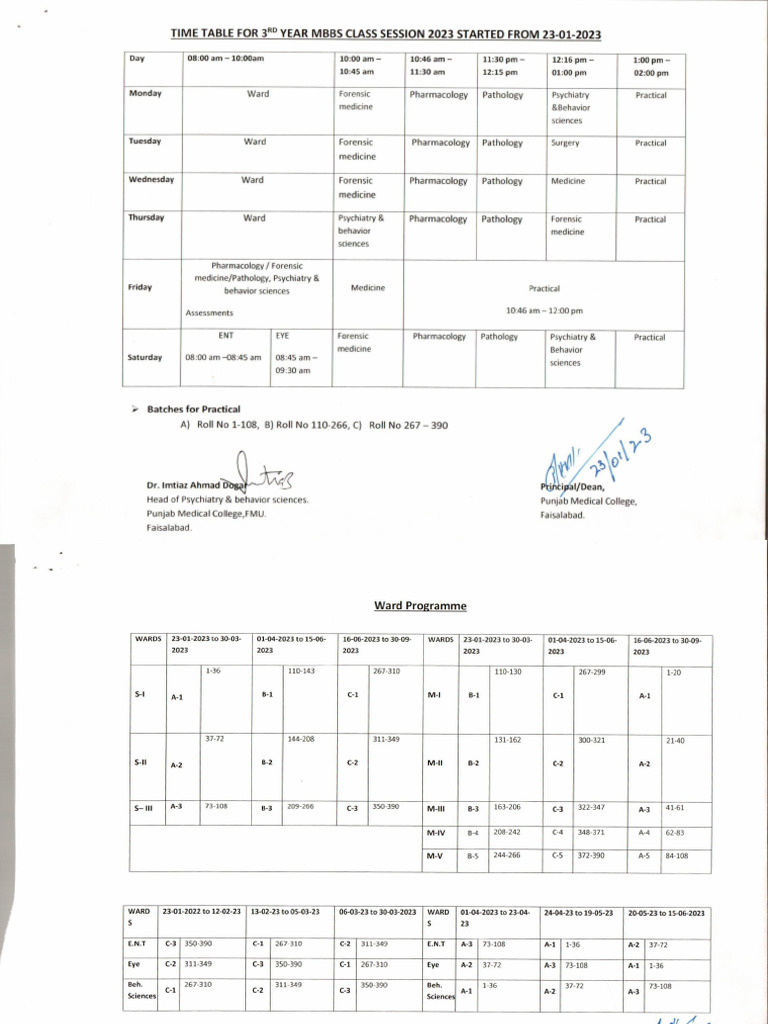 Time Table For 3rd Yr Session 2023 | PDF