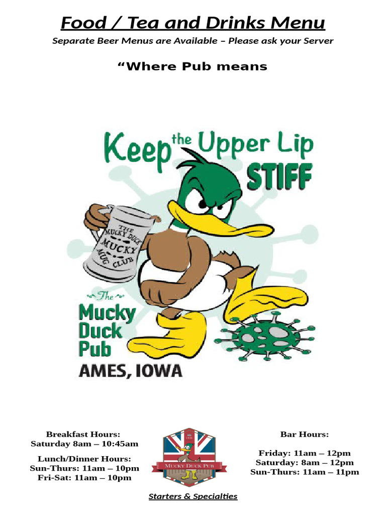 Mucky Duck Pub Food & Drink Menu | PDF | Hamburgers | Tea
