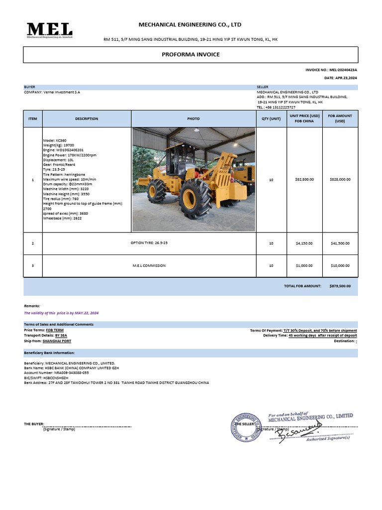 Proforma Invoice for Mechanical Equipment | PDF | Land Vehicles | Motor ...
