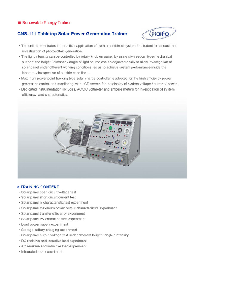 CNS-111 Tabletop Solar Power Generation Trainer | PDF | Solar Panel ...