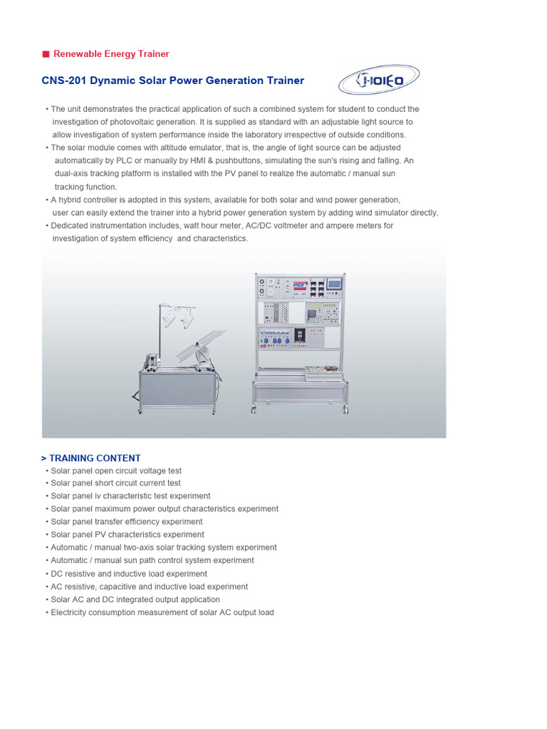 CNS-201 Dynamic Solar Power Generation Trainer | PDF | Solar Panel ...