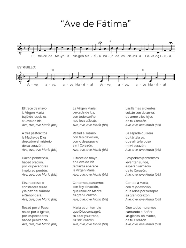 Himno Ave de Fatima Partitura | PDF | María, madre de Jesús | Adoración ...