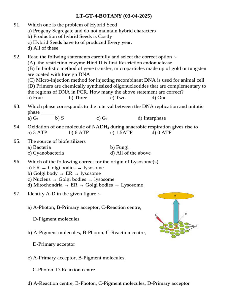 LT GT - 4 Botany 03-04-25 Final | PDF | Meiosis | Chromosome
