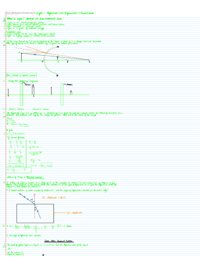 Physics Light Question and Answers Class 10. | PDF