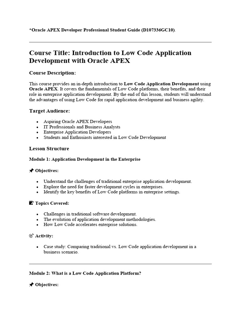 Introduction To Low Code Application Development With Oracle APEX - Course Outline | PDF ...