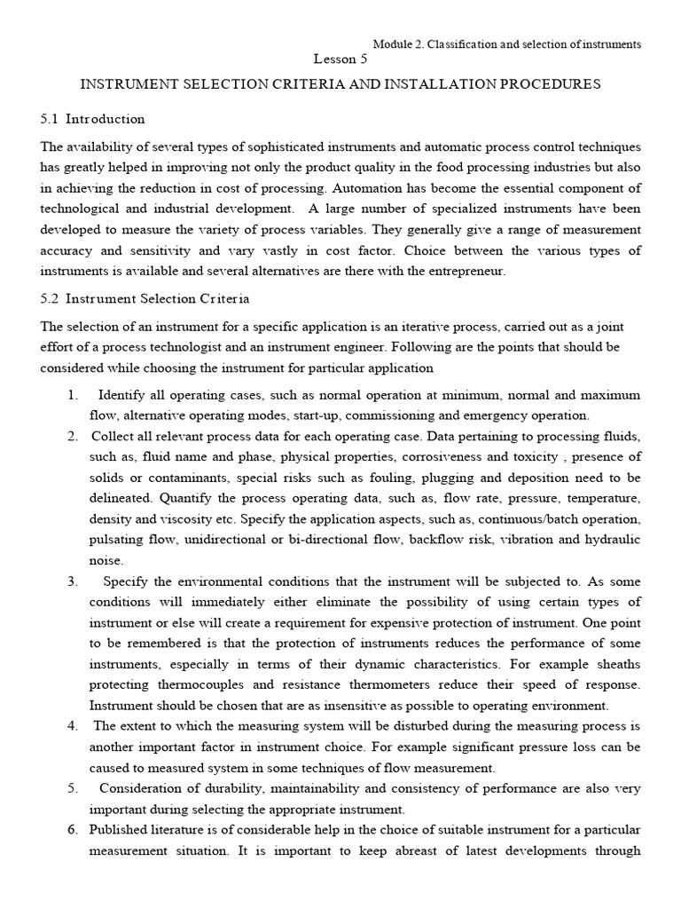L5 Instrument Selection Criteria and Installation Procedures | PDF ...