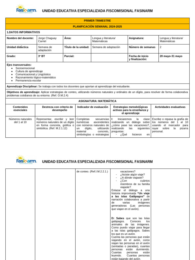 Planificación Semanal 3° BT 2024-2025 | PDF | Enseñando | Aprendizaje