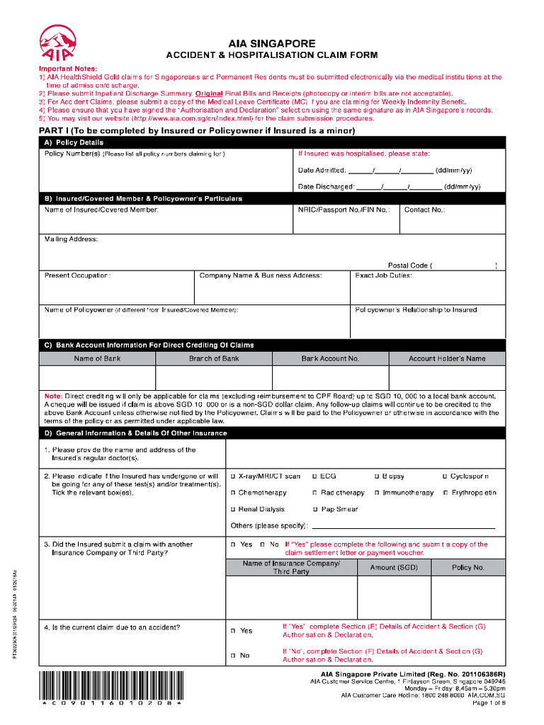 Aia SG Claim Form (Ini Yang Dipakai) | PDF