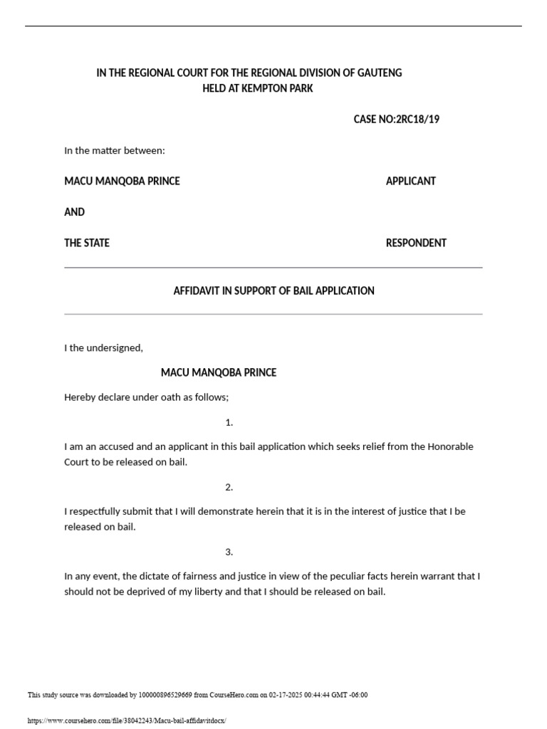 Bail Application Affidavit for Macu Prince | PDF | Bail | Right To Silence