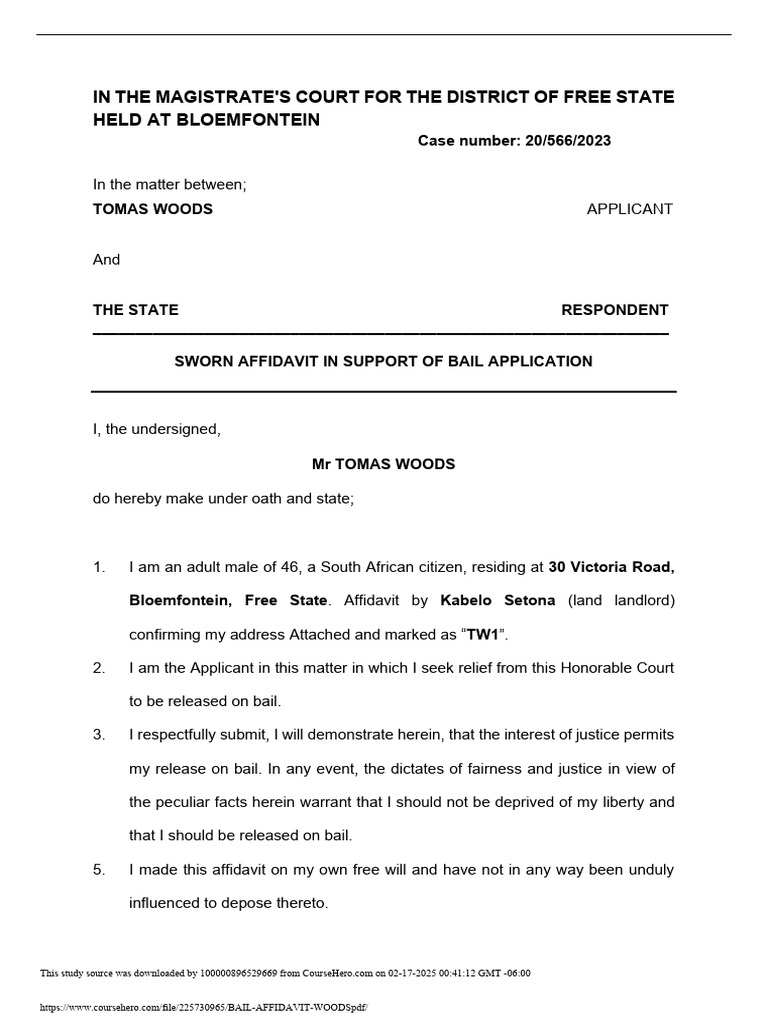 Bail Application Affidavit for Tomas Woods | PDF | Arrest | Bail