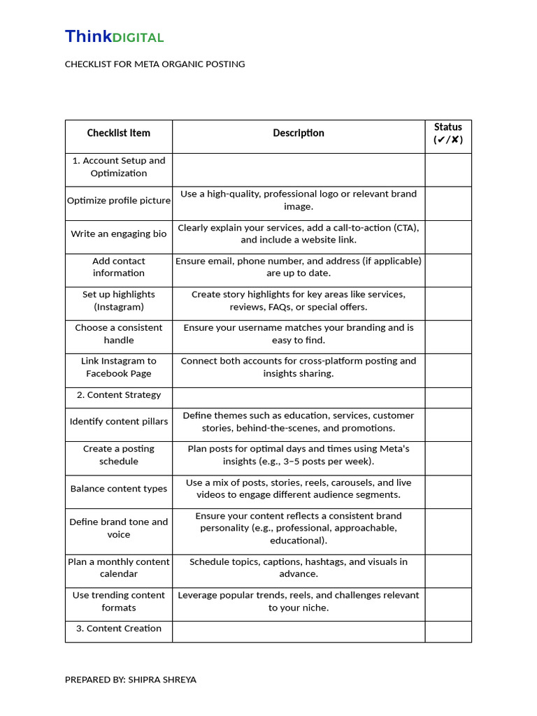 Meta Organic Posting Checklist | PDF | Facebook | Promotion And ...