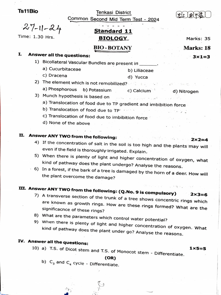 11th-Biology-2nd-Mid-Term-Exam-2024-Original-Question-Paper-Tenkasi-District-English-Medium-PDF ...