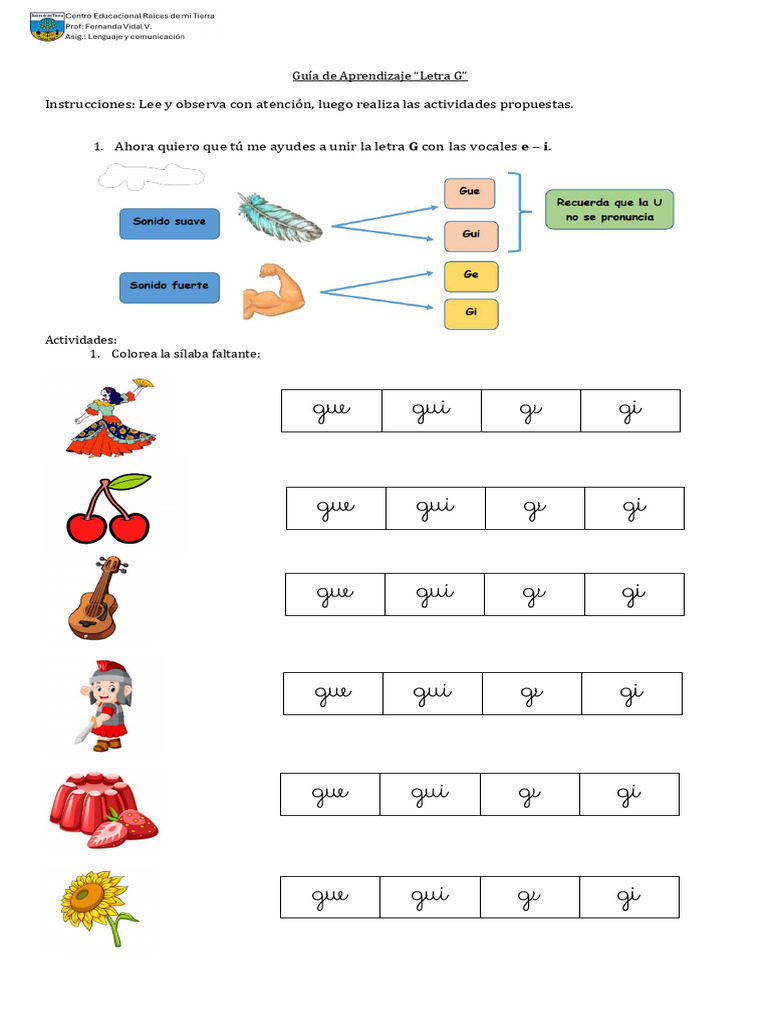 Aprendizaje de la Letra G con Vocales | PDF