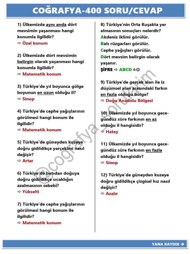 Coğrafya 400 Soru-Cevap | PDF