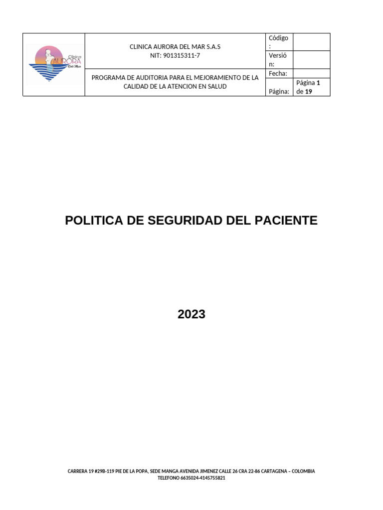 POLITICA DE SEGURIDAD DEL PACIENTE Aurora Del Mar 2023 | PDF | Seguridad del paciente ...