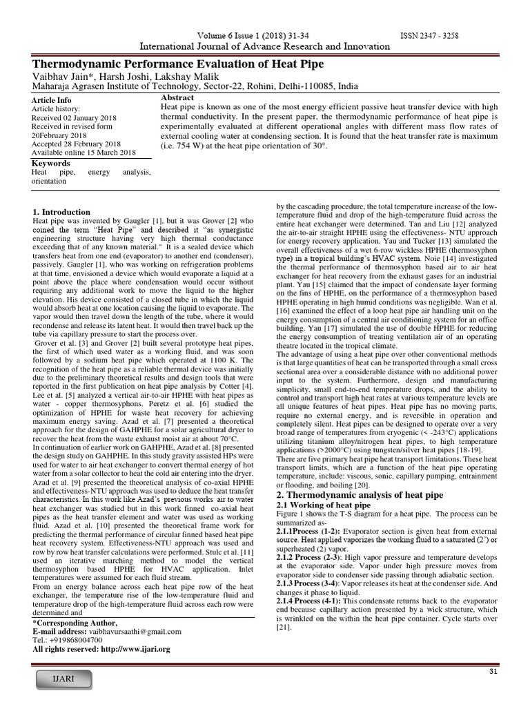 Thermodynamic Performance Evaluation of Heat Pipe | PDF | Heat | Heat Transfer