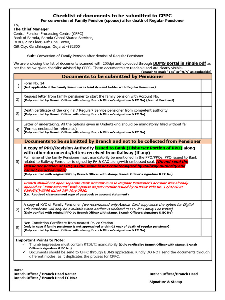 Family Pension Application Checklist | PDF