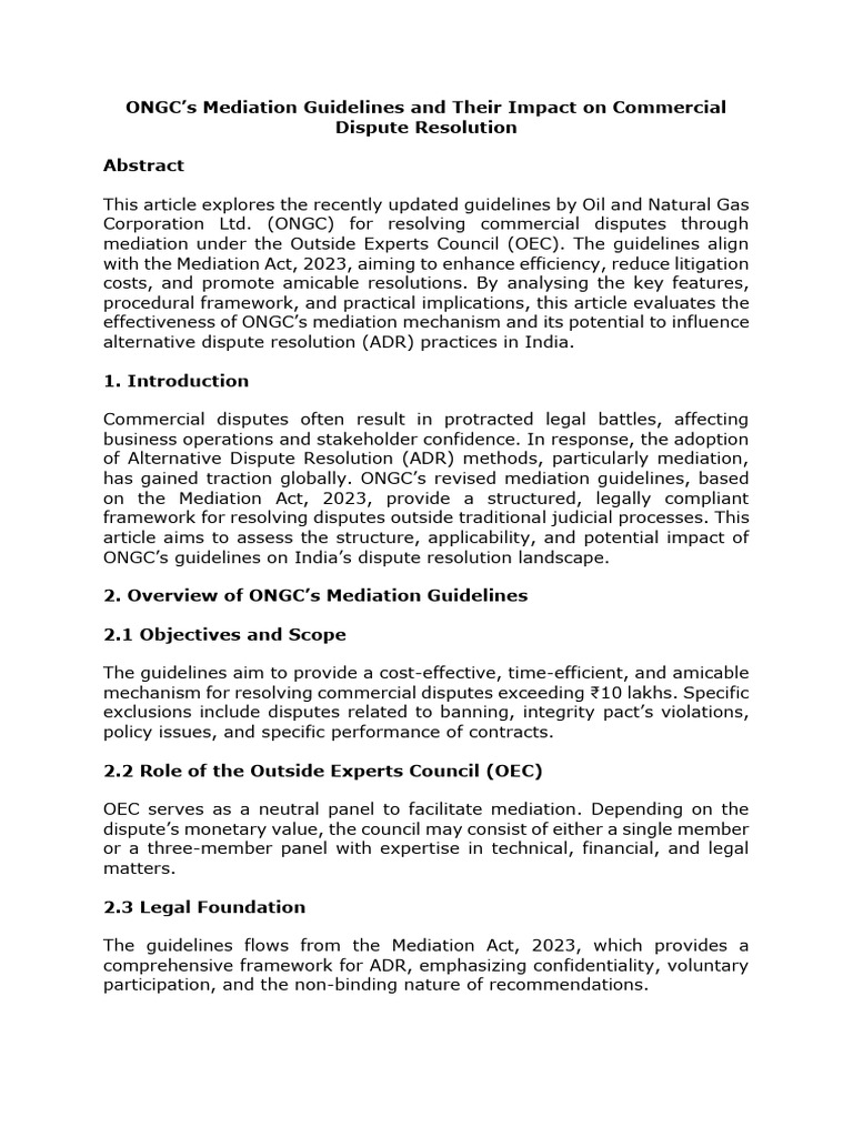 ONGC's Mediation Guidelines | PDF | Mediation | Alternative Dispute ...
