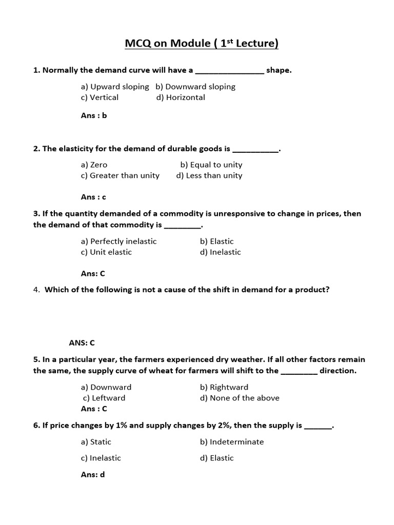 Demand and Supply Curve MCQs | PDF