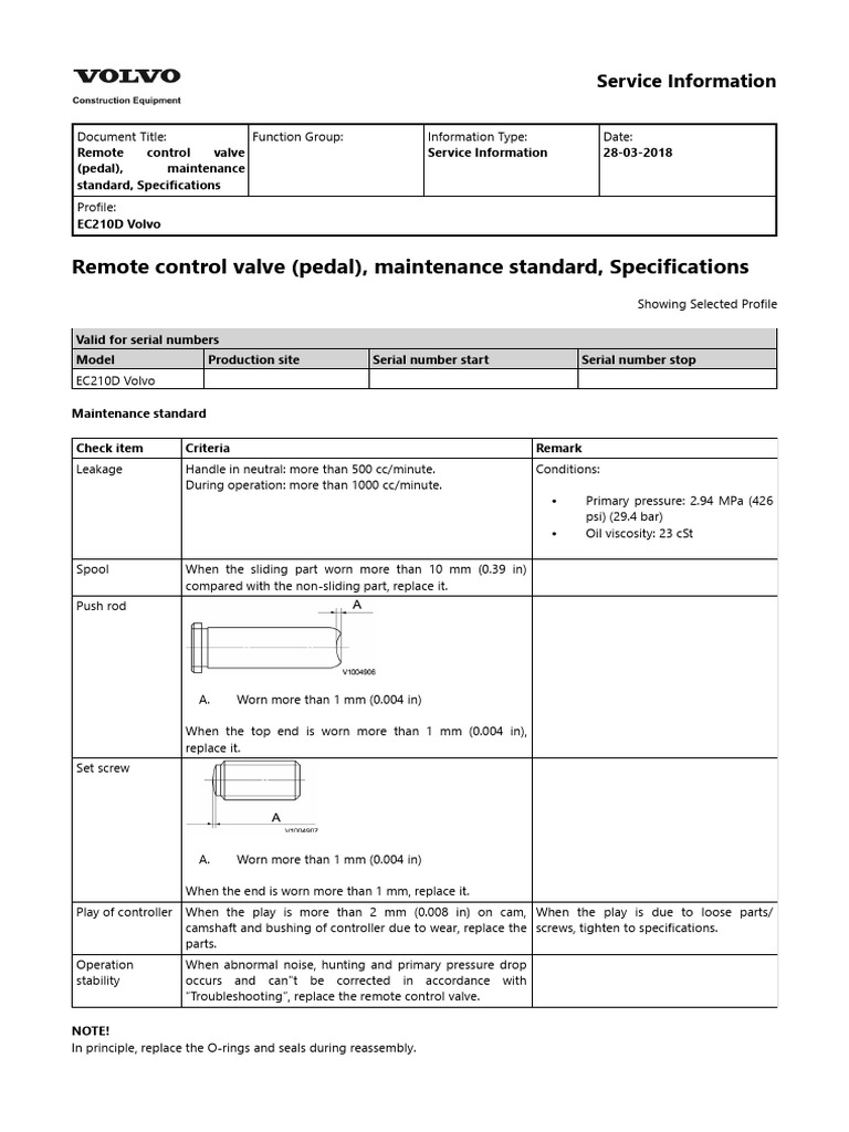 Remote control valve (pedal), maintenance standard, Specifications | PDF