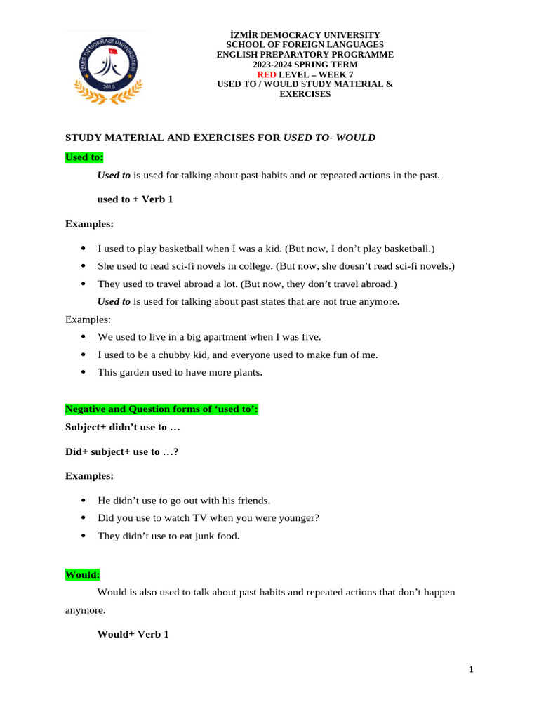 Used To / Would Study Exercises | PDF | Linguistics
