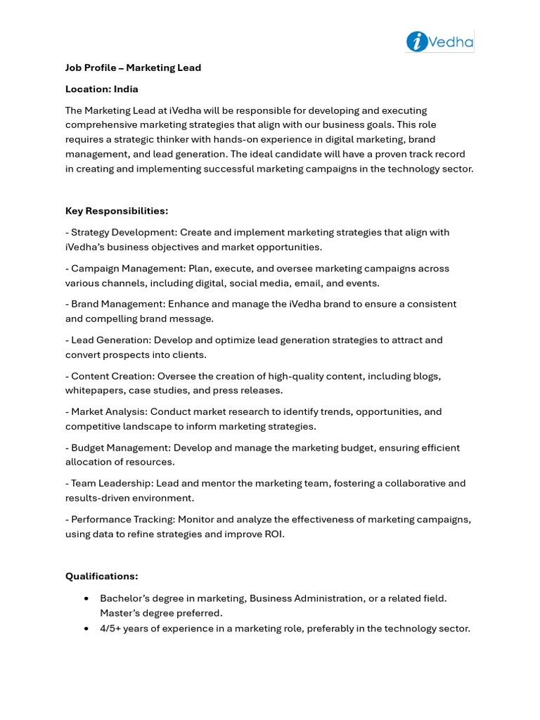 Marketing Lead Job Profile at iVedha | PDF | Marketing | Marketing Strategy
