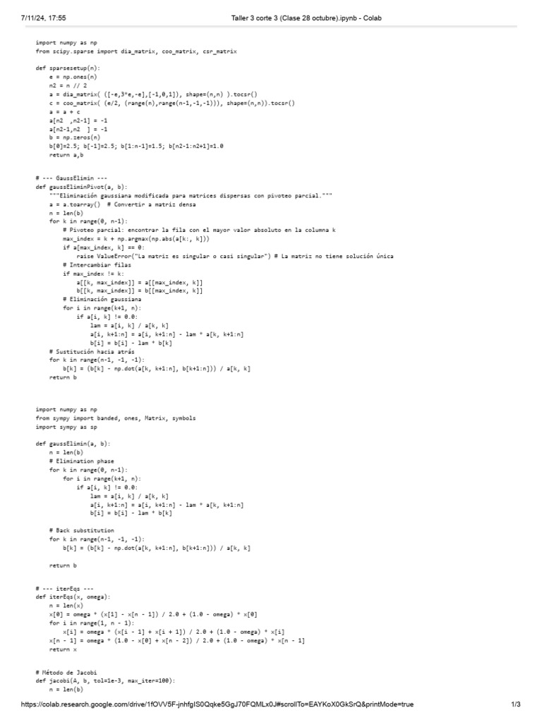Taller 3 Corte 3 (Clase 28 Octubre) .Ipynb - Colab | PDF | Mathematical Physics | Numerical Analysis