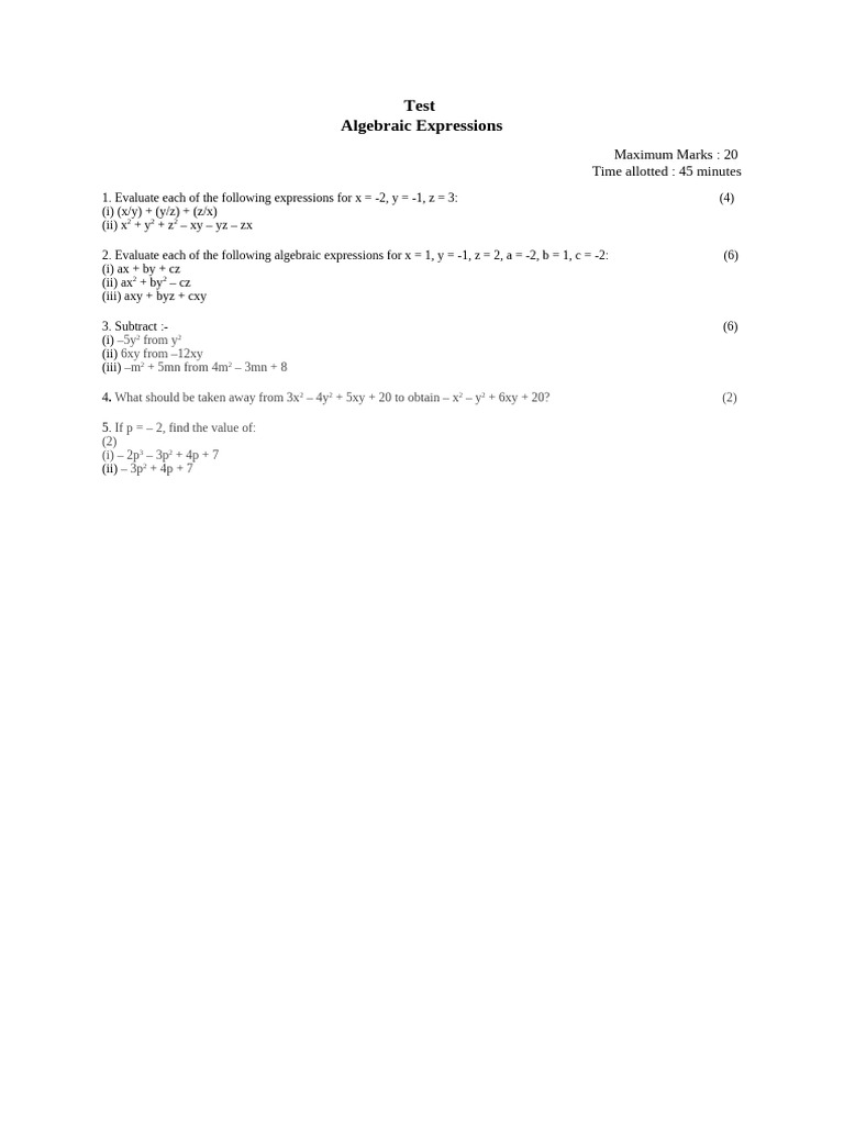 Algebraic Expressions Test Evaluation | PDF