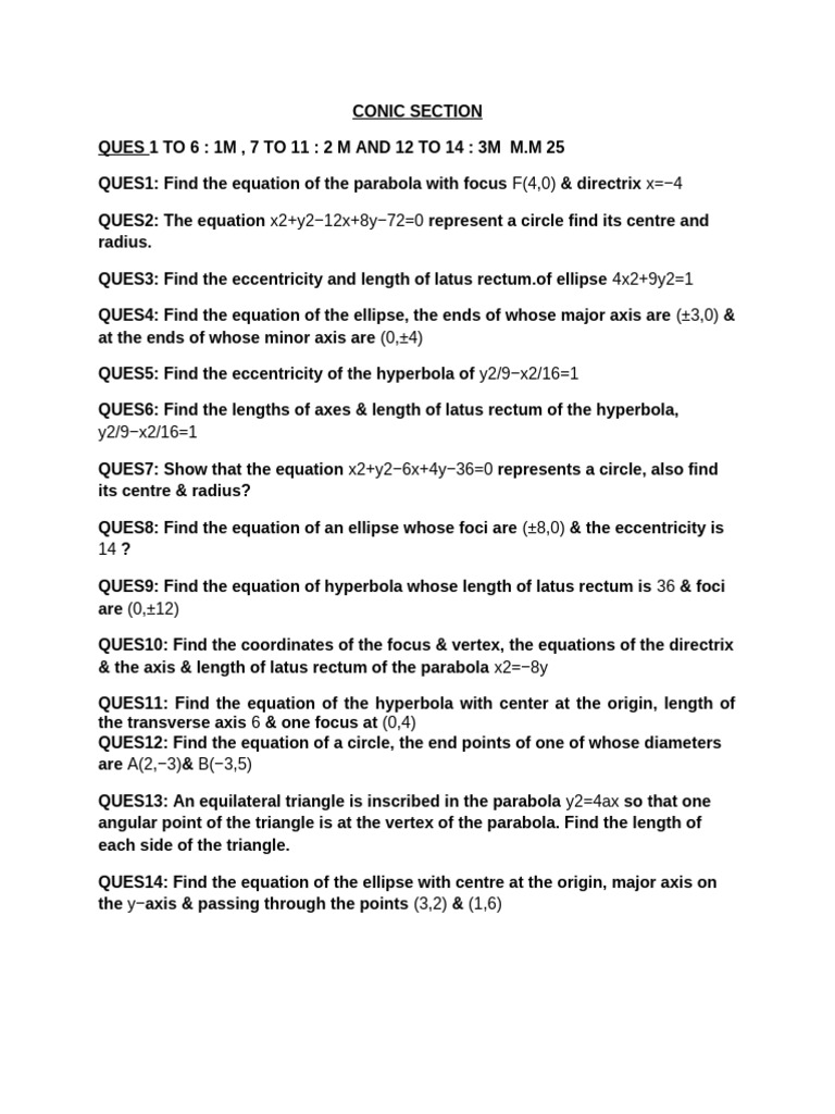 Class Xi Test 2 Conic Sec | PDF