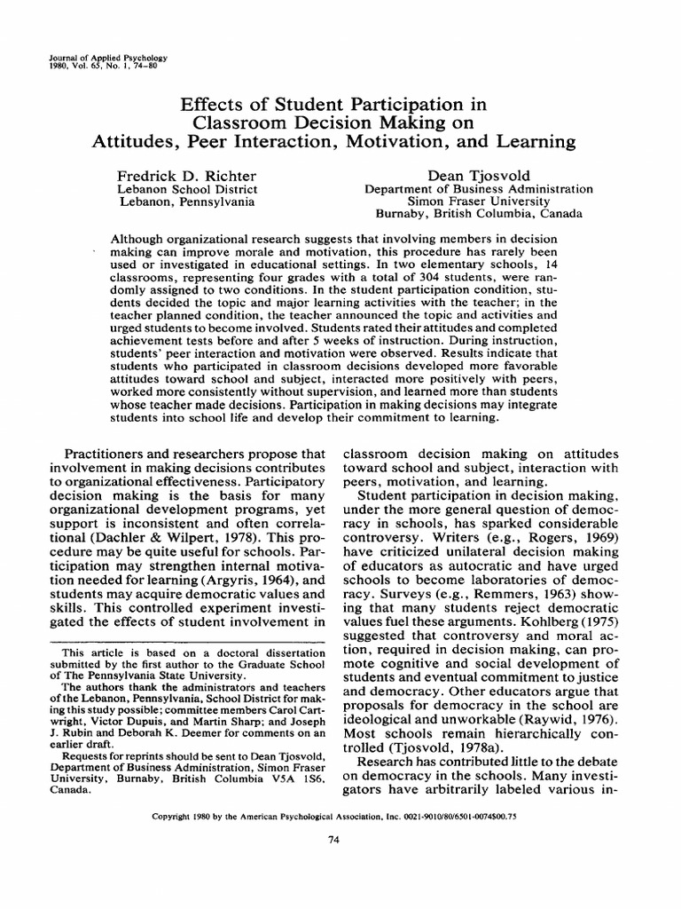 Effects of Student Participation in Classroom Decision Making On ...