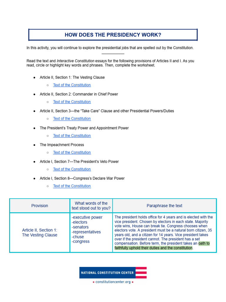 Article II How Does The Presidency Work? | PDF | Article Two Of The ...