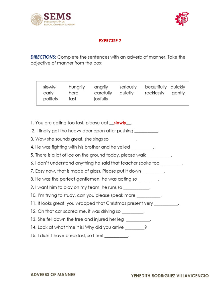 Adverbs of Manner Exercises Worksheet | PDF | Adverb