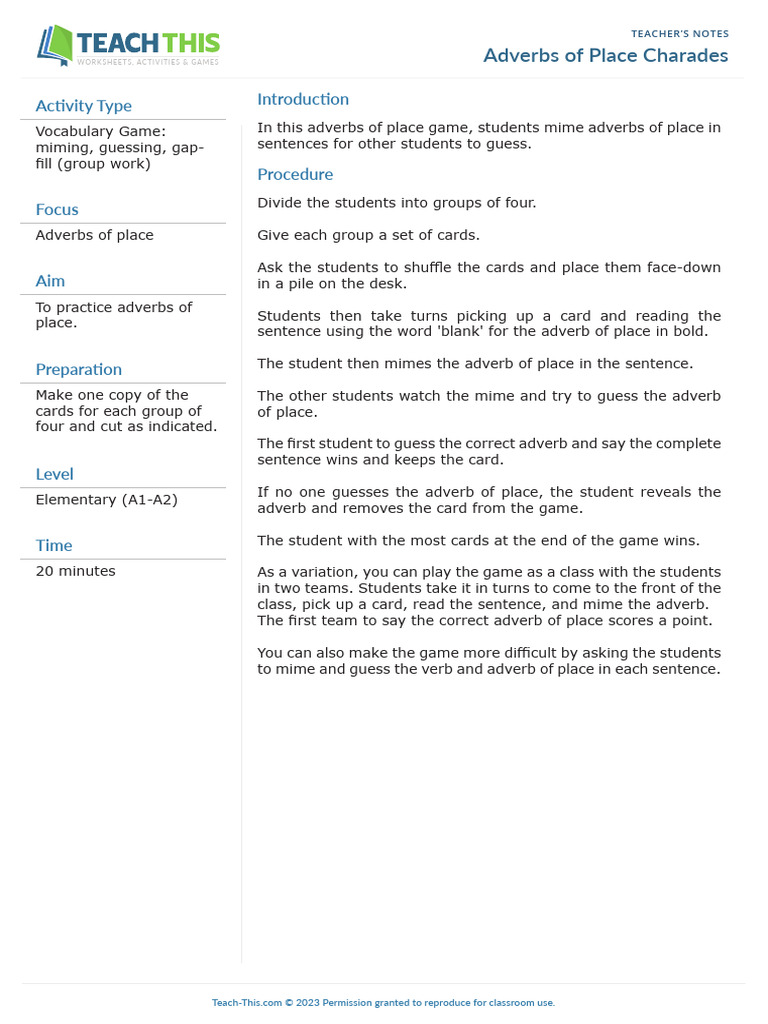 Adverbs of Place Charades | PDF