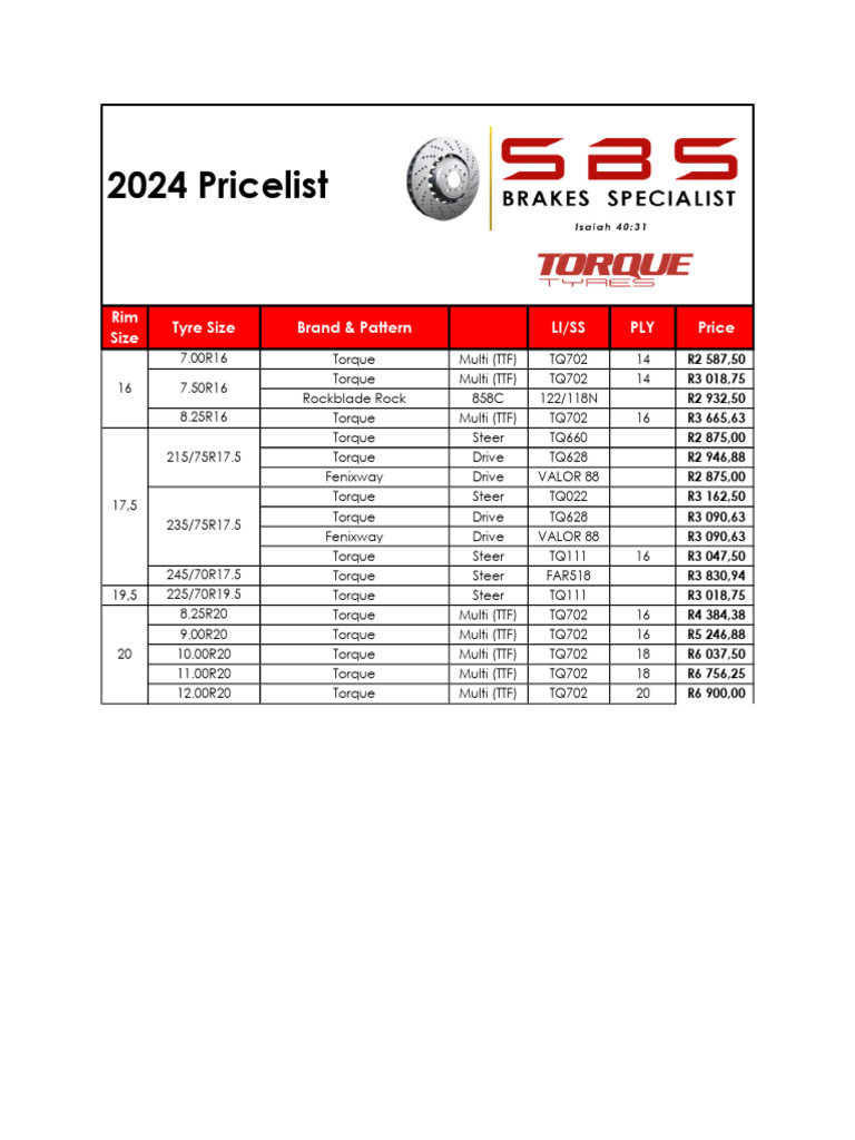 TBR SBS Tyres Price List 2024 | PDF