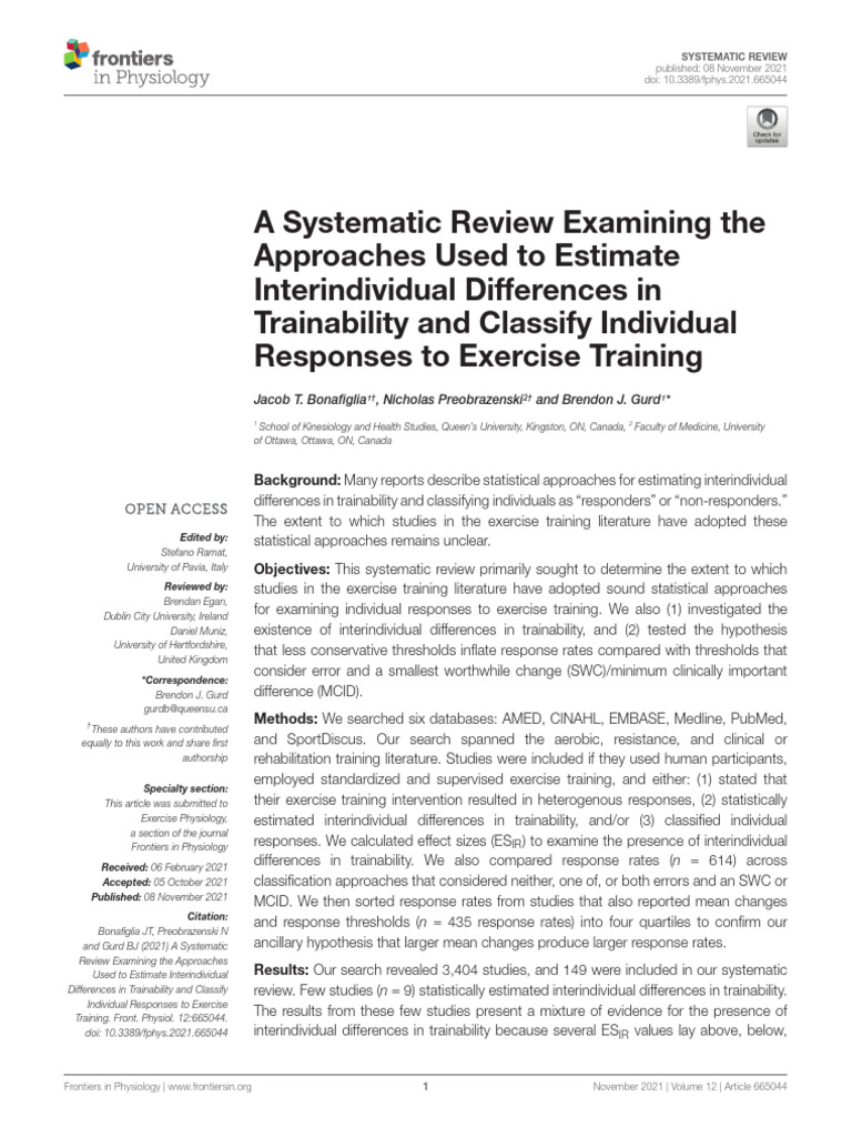 A Systematic Review Examining The Approaches Used To Estimate Interindividual Differences in ...