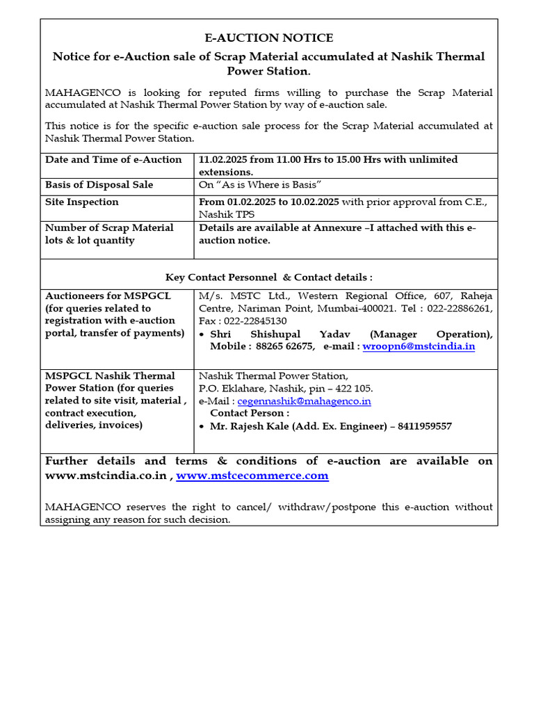 Scrap Material E-Auction Notice Nashik dtd.11.02.2025 ...