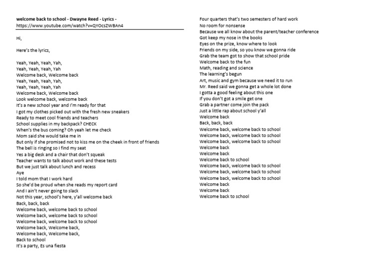 Song Welcome Back To School Dwayne Reed | PDF