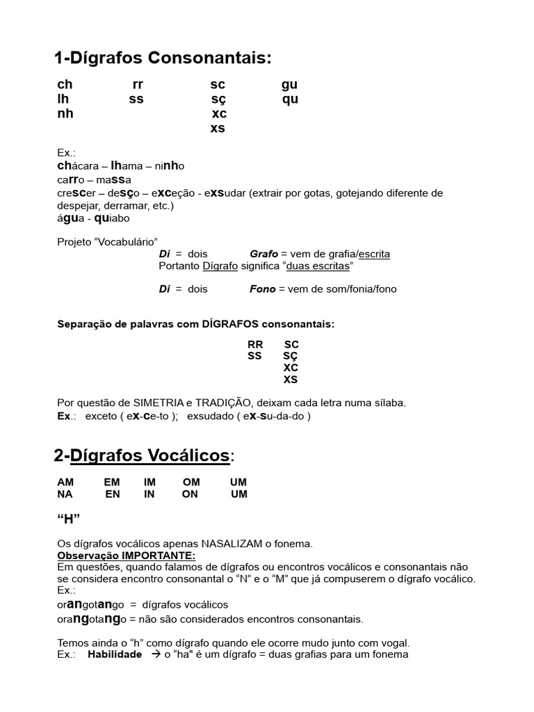 Dígrafos Vocálicos e Consonantais | PDF