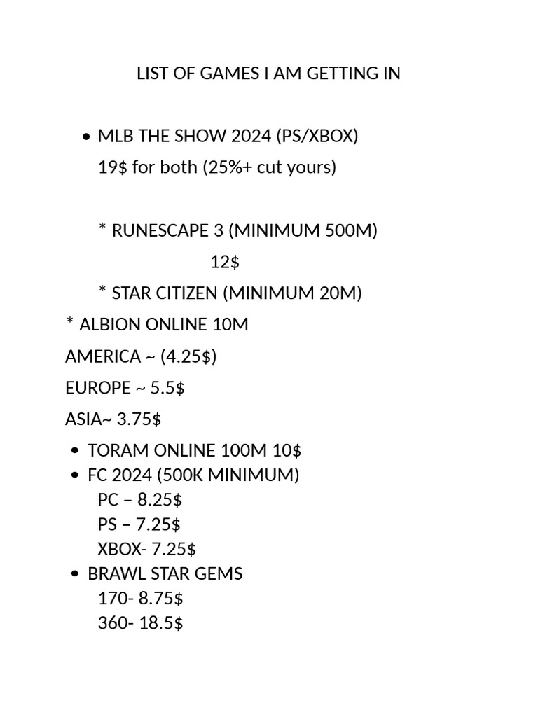 Game Purchases and Pricing List | PDF