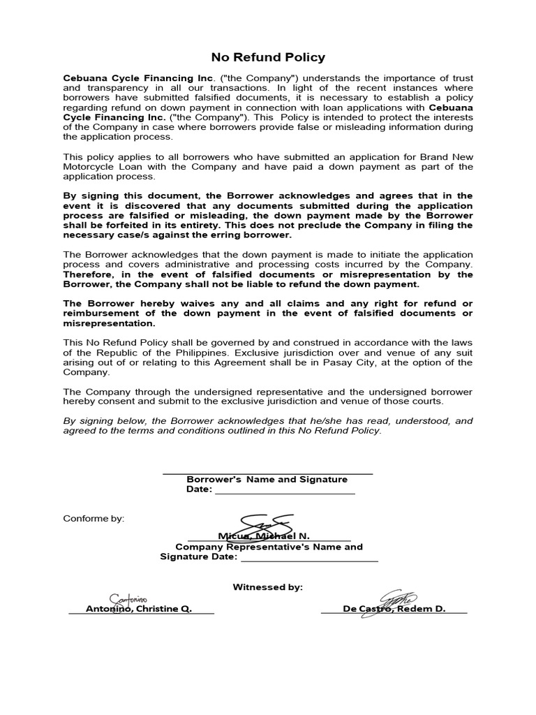 Cebuana Cycle Financing No Refund Policy | PDF | Common Law | Business Law