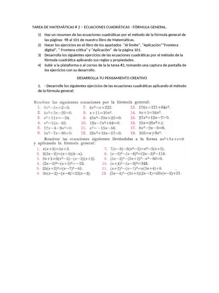 1º Bgu B - Tarea # 2 - Ecuaciones Cuadráticas - Fórmula General | PDF