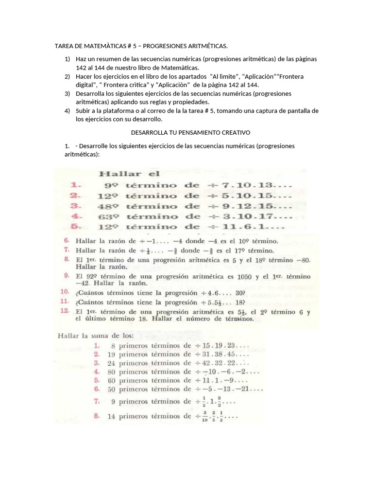 1º Bgu B - Tarea # 5 - Secuencias Numéricas (Progresiones Aritméticas) | PDF