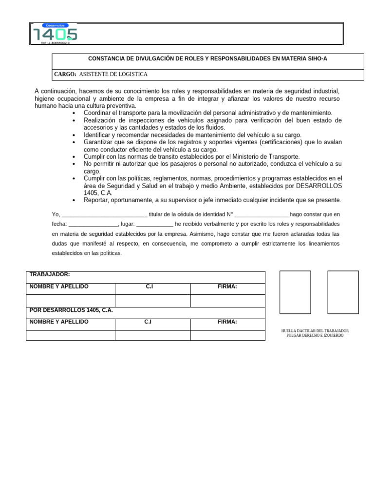 Roles y Responsabilidades SIHO-A | PDF | Logística | Seguridad y salud ...