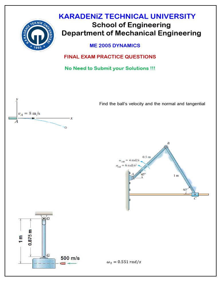 Me 2005 Dynamics Final Exam Questions Pdf Velocity Acceleration