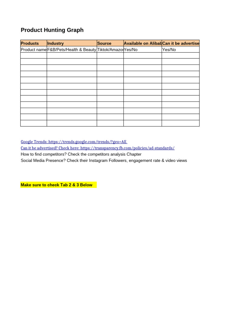 Product Hunting Sheet | PDF