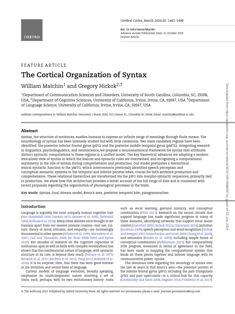 Matchin y Hickok - 2020 - The Cortical Organization of Syntax | PDF | Phrase | Syntax