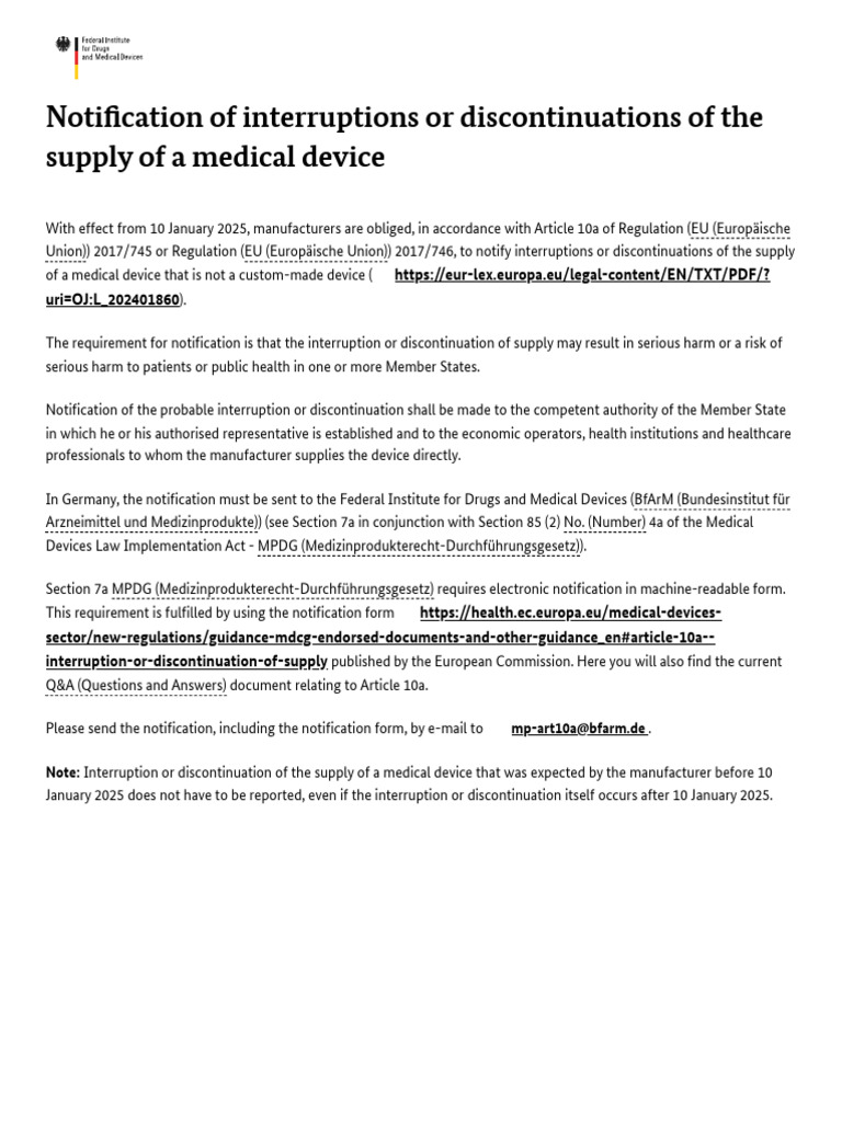 BfArM - Medical devices - Notification of interruptions or ...