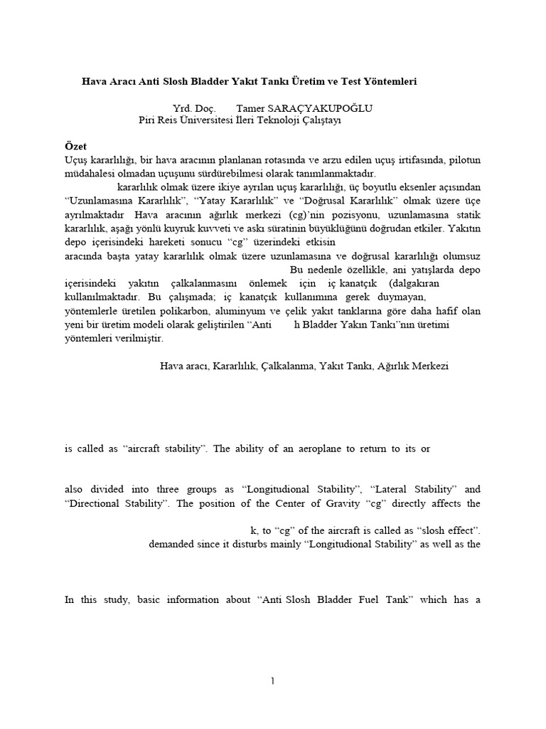 Hava Aracı Anti-Slosh Bladder Yakıt Tankı Üretim Ve Test Yöntemleri ...